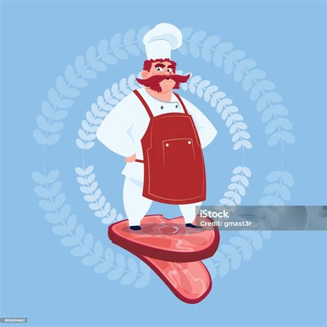 고기에 서 있는 만화 요리사 요리사 전체 길이 유니폼을 착용 고기에 대한 스톡 벡터 아트 및 기타 이미지 고기 고기 요리 근육질 체격 Istock
