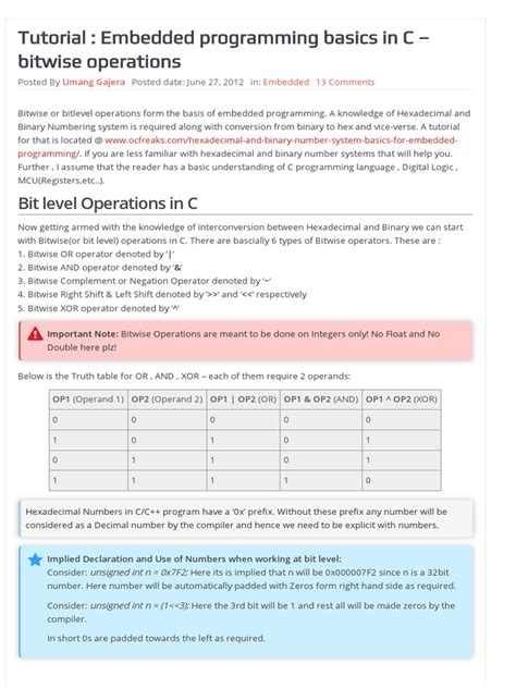 Embedded Programming Basics In C Bitwise Operations Tutorial Pdf Mathematical Notation