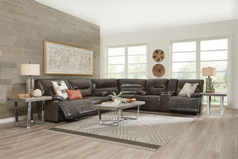 Cindy Crawford Caletta Gray Leather 3 Pc Power Reclining Sectional