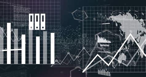 Image Of Multiple Graphs Over Dna Helix And Computer Language Against Black Background Stock