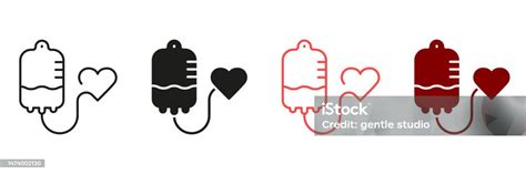 수혈 라인과 실루엣 아이콘 세트 의료 Iv 드립 픽토그램 혈장 기증 표시를 위한 정맥 주사 가방 응급 의학 검정색과 색 기호