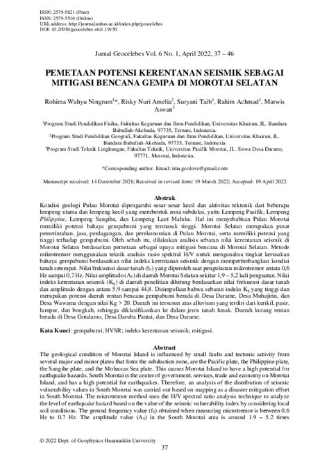 Pdf Mapping Of Seismic Vulnerability Potential For Earthquake Disaster Migitation In South Morotai
