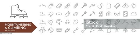 등산 및 등반 라인 아이콘 세트 흰색 배경에 격리 된 표지판 벡터 일러스트레이션 빙벽화에 대한 스톡 벡터 아트 및 기타 이미지 빙벽화 벡터 신발 Istock