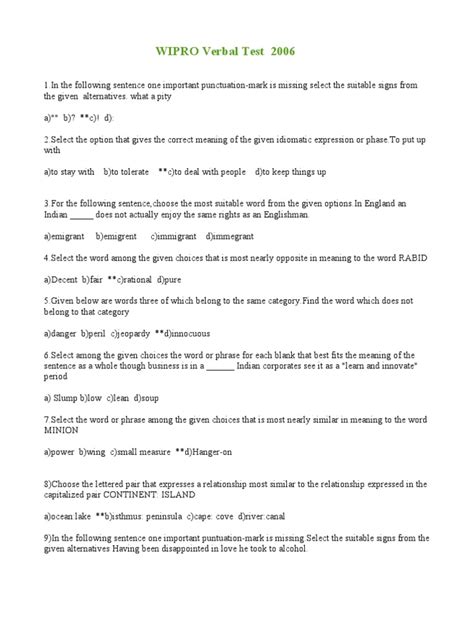 Entrance Exam Net Wipro Placement Sample Paper 2 Pdf