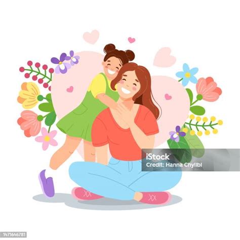 만화 스타일의 봄 꽃을 배경으로 행복한 딸과 어머니가 있는 어머니의 날 그림 가족에 대한 스톡 벡터 아트 및 기타 이미지 가족 귀여운 꽃 식물 Istock