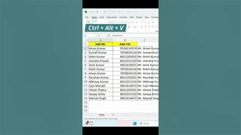 Excel Amazing Hacks Add 91 And Add Mr Before Name Exceltips Excelshorts Youtube