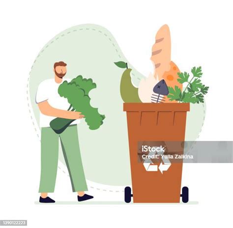 유기 폐기물을 분류하는 남성 캐릭터 쓰레기 분류 개념 환경 친화적 인 성격 환경 오염의 문제 생태 학적 생활 방식 흰색 격리 된