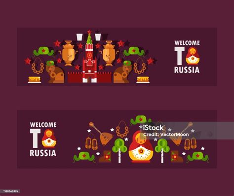 러시아어 투어 정보 배너 벡터 일러스트레이션 플랫 스타일 헤더는 러시아에 오신 것을 환영합니다 러시아 문화의 아이콘과 상징이 있는 여행 소책자 헤더 곰에 대한 스톡 벡터