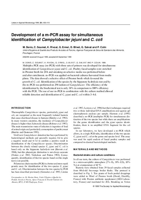 Pdf Development Of A M Pcr Assay For Simultaneous Identification Of Campylobacter Jejuni And C