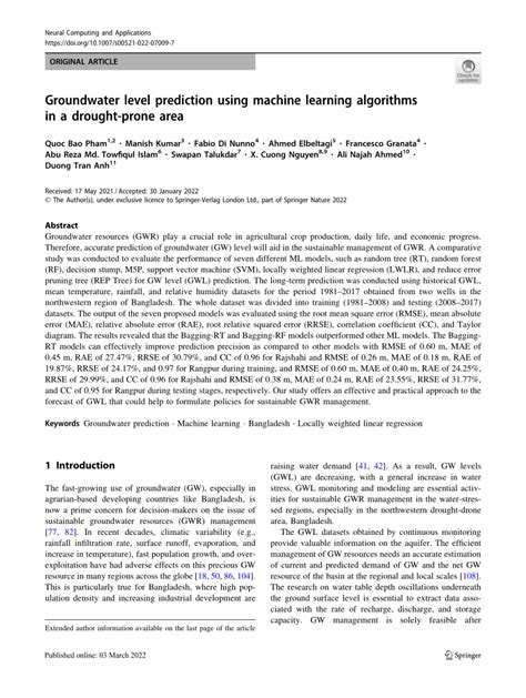 pdf groundwater level prediction using machine learning algorithms in