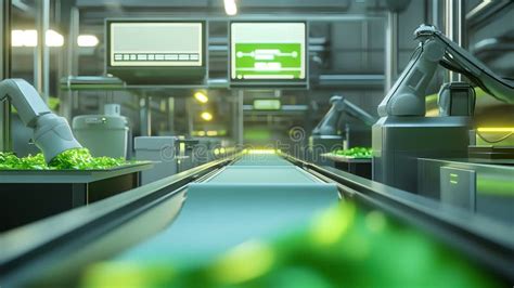 Automated Factory Production Line With Robotic Arms And Green Products Stock Illustration