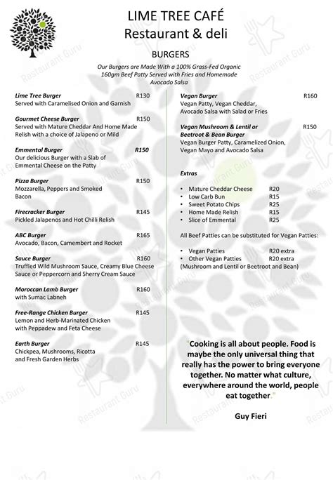 Menu At Lime Tree Cafe Cape Town