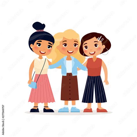 Three Young Cute Girls Huggingfunny Cartoon Character Vector