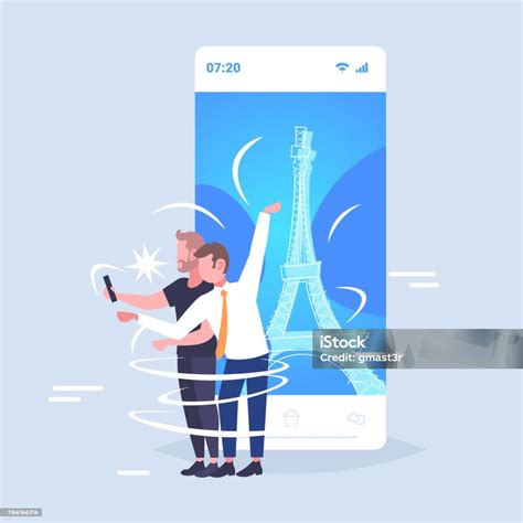 남자 휴대 전화 카메라 남자에 셀카 사진을 복용 커플 함께 서 여행 개념 파리 도시 실루엣 배경 스마트폰 화면 모바일 애플 리 케이 션 평면 전체 길이 2명에 대한 스톡
