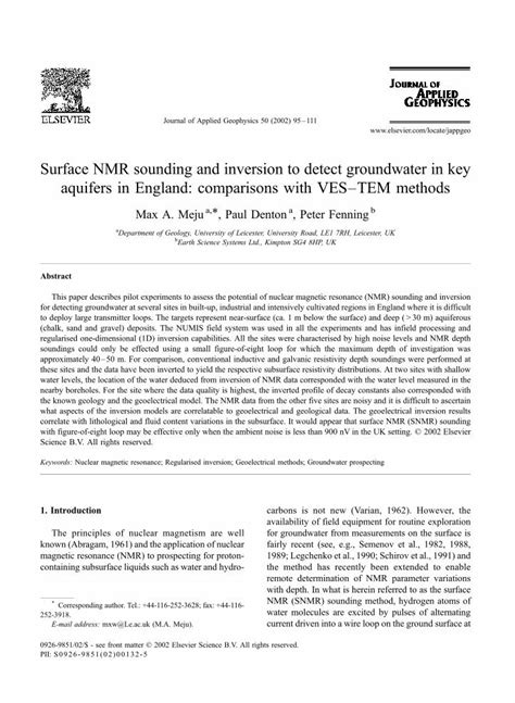 Pdf Surface Nmr Sounding And Inversion To Detect Groundwater In Key Aquifers In England
