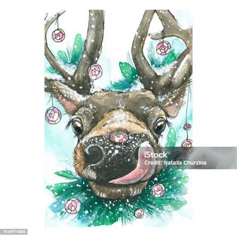 과자 롤리팝 전나무 가지가있는 눈에있는 귀여운 사슴 수채화 겨울 일러스트레이션 엽서 포스터 새해 및 크리스마스 Paraphernalia 포장의 디자인과 장식을 위해 눈 냉동