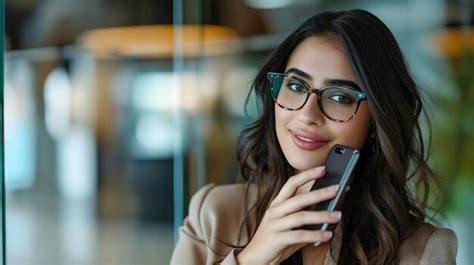 Premium Photo A Woman In Glasses Holding A Cell Phone