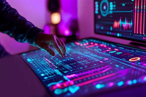 Hand Interacting With A Futuristic Touch Interface Displaying Vibrant Neon Graphics And Data