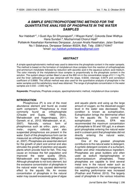 Pdf A Simple Spectrophotometric Method For The Quantitative Analysis Of Phosphate In The Water