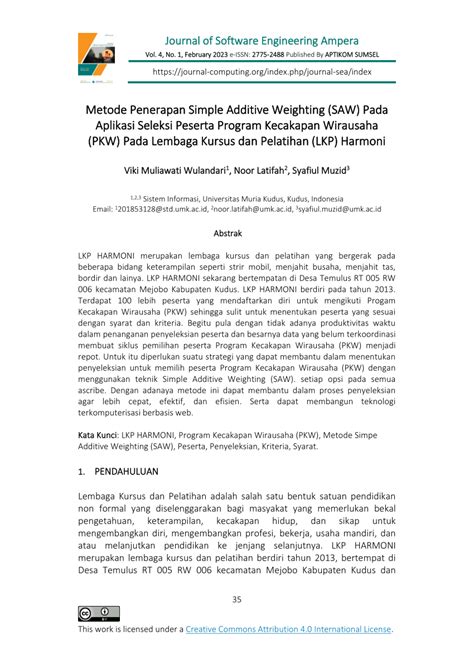 Pdf Metode Penerapan Simple Additive Weighting Saw Pada Aplikasi Seleksi Peserta Program