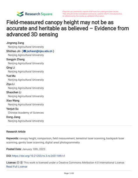 Pdf Field Measured Canopy Height May Not Be As Accurate And Heritable