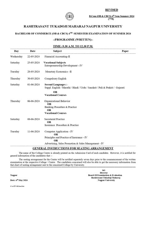 Rtmnu Bcom 4th Sem Time Table Summer 2024 Revised