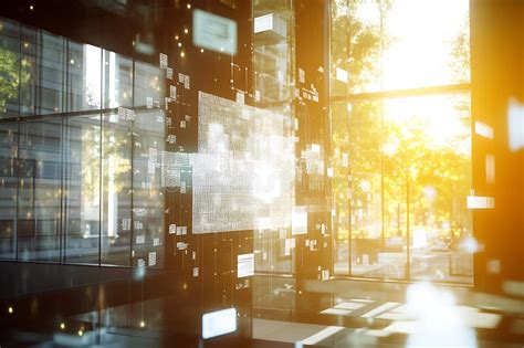 Futuristic Data Visualization On Glass Wall In Modern Office Building Stock Illustration