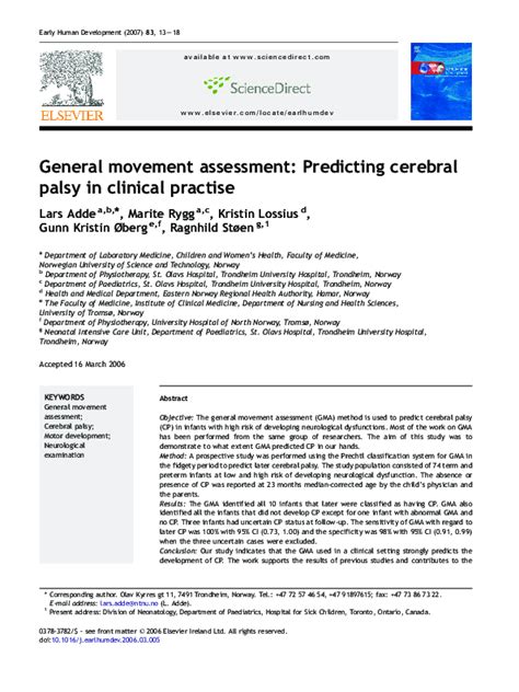 Pdf General Movement Assessment Predicting Cerebral Palsy In