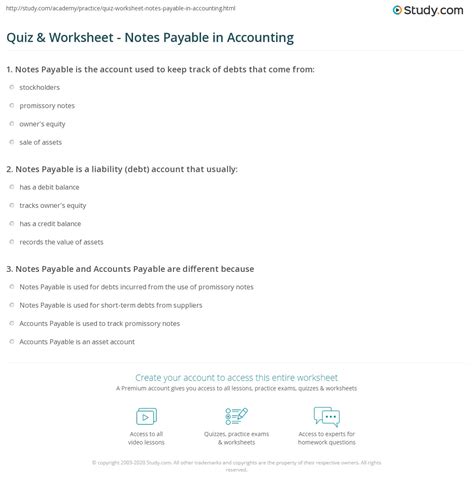 Quiz And Worksheet Notes Payable In Accounting