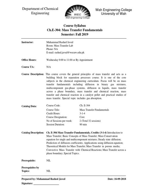 Mass Transfer Fundamentals Syllabus Weuc Fall 2019 Pdf Diffusion