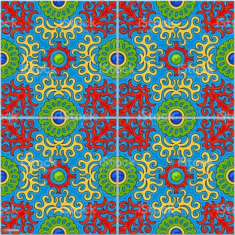 탈라베라 마졸리카 세라믹 스타일의 손으로 그린 기하학적 및 꽃 장식과 밝은 색상의 모자이크 타일의 매끄러운 패치 워크 패턴 벽지