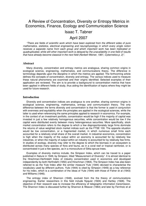 Pdf A Review Of Concentration Diversity Or Entropy Metrics In