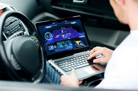 Man Using Navigation On Laptop Computer In Car Stock Image Image Of Location Equipment 56719269