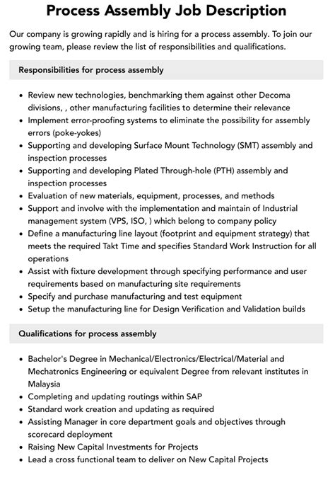 Process Assembly Job Description Velvet Jobs
