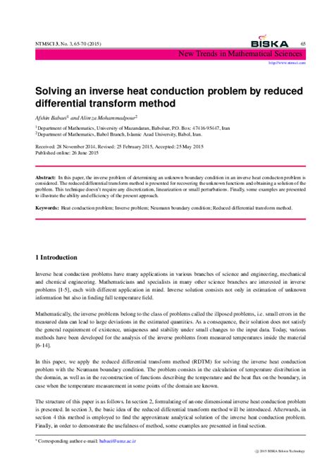 pdf solving an inverse heat conduction problem by reduced