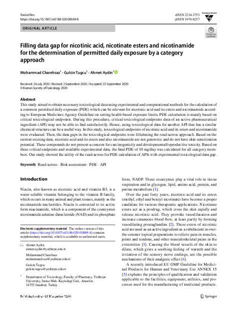 Pdf Filling Data Gap For Nicotinic Acid Nicotinate Esters And Nicotinamide For The