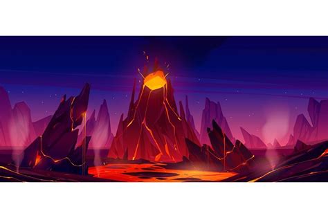 Volcano Eruption With Steaming Magma Flow Down From Volcanic Mouth Nature Disaster Apocalypse