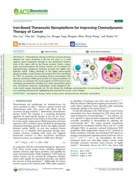 Pdf Iron Based Theranostic Nanoplatform For Improving Chemodynamic Therapy Of Cancer
