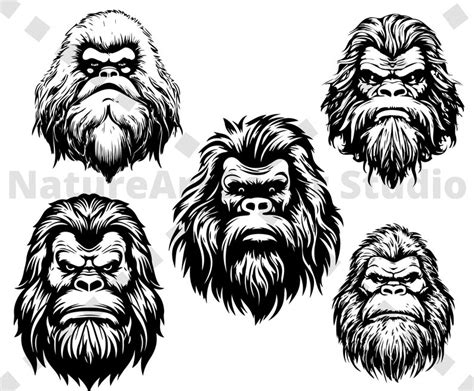 Bigfoot Faces Line Art Svg Bundle Sasquatch Yeti Head Clipart Pod Allowed Digital Art