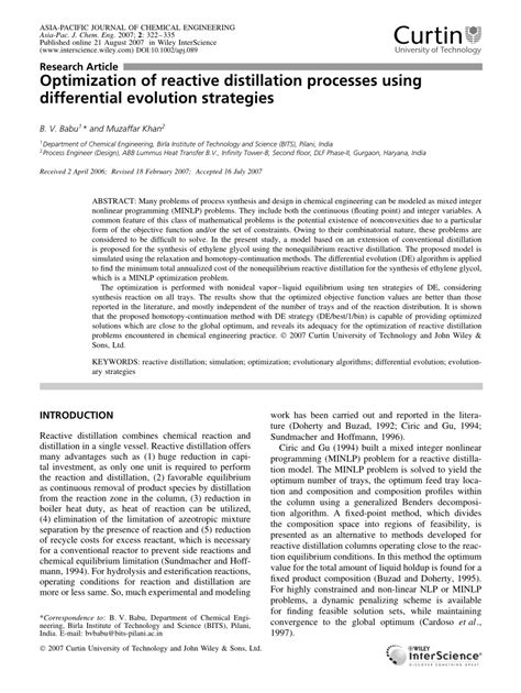 Pdf Optimization Of Reactive Distillation Processes Using Differential Evolution Strategies