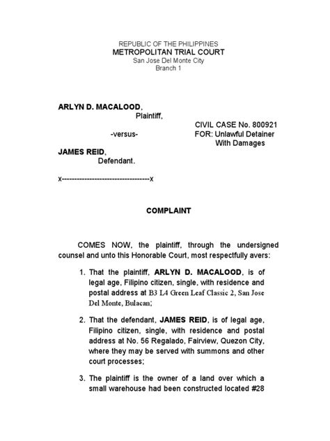 A Complaint Ejectment Pdf Lawsuit Complaint