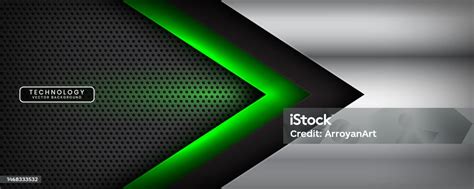 3d 블랙 실버 테크노 추상 배경은 녹색 조명 효과 장식으로 어두운 공간에 레이어를 겹칩니다 배너 전단지 카드 또는 브로셔 표지에 대한 현대 그래픽 디자인 요소 화살표