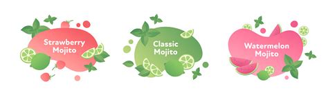 벡터 현대 플랫 모히토 칵테일 배너 템플릿 일러스트 세트입니다 유체 모양 빨간색과 녹색 색상과 흰색에 격리 과일 기호 알코올 메뉴 광고 레스토랑 카페에 대한 디자인 요소 0