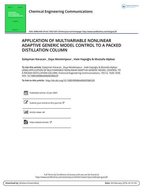 Pdf Application Of Multivariable Nonlinear Adaptive Generic Model Control To A Packed