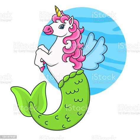 귀여운 인어 유니콘 마법의 요정 말 만화 캐릭터 다채로운 벡터 일러스트레이션 흰색 배경에 격리 디자인 요소입니다 디자인 책 스티커 카드에 대한 템플릿 귀여운에 대한 스톡