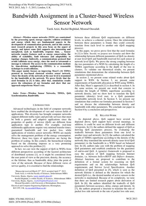 Pdf Bandwidth Assignment In A Cluster Based Wireless Sensor Network