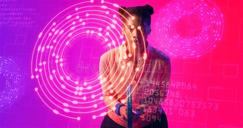 Biracial Female Player With Tennis Racket Standing Over Illuminated Codes And Circles Stock