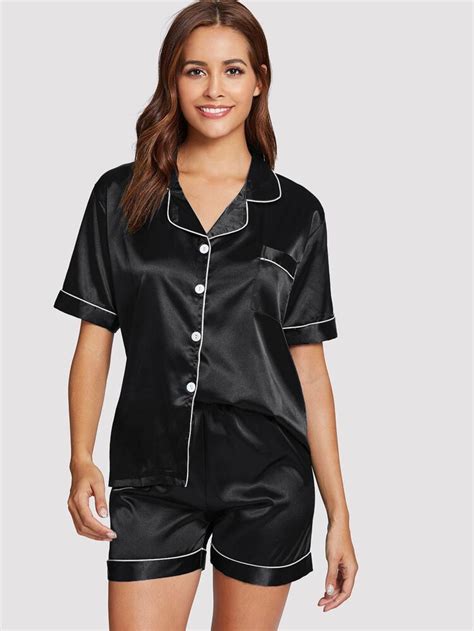 Contrast Binding Button Up Satin Pj Set Pajama Set Womens Casual