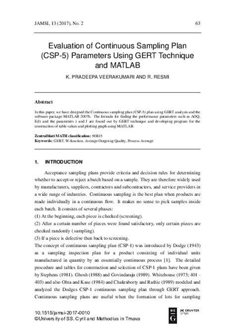 Pdf Evaluation Of Continuous Sampling Plan Csp 5 Parameters Using Gert Technique And Matlab