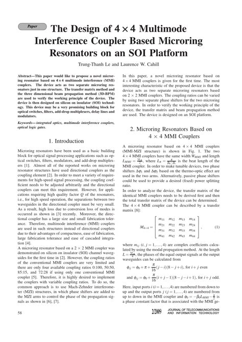 Pdf The Design Of 4×4 Multimode Interference Coupler Based Microring Resonators On An Soi Platform